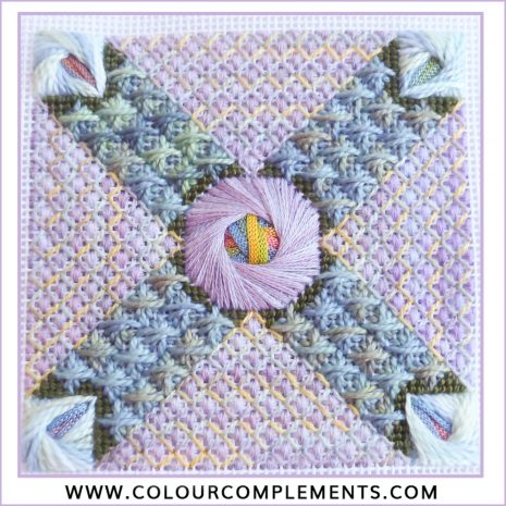 NEEDLEPOINT SAMPLE with colour complements threads