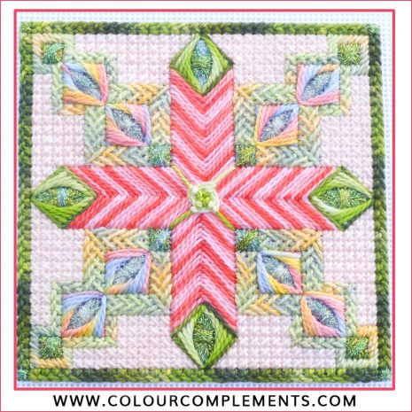 NEEDLEPOINT SAMPLE with colour complements threads